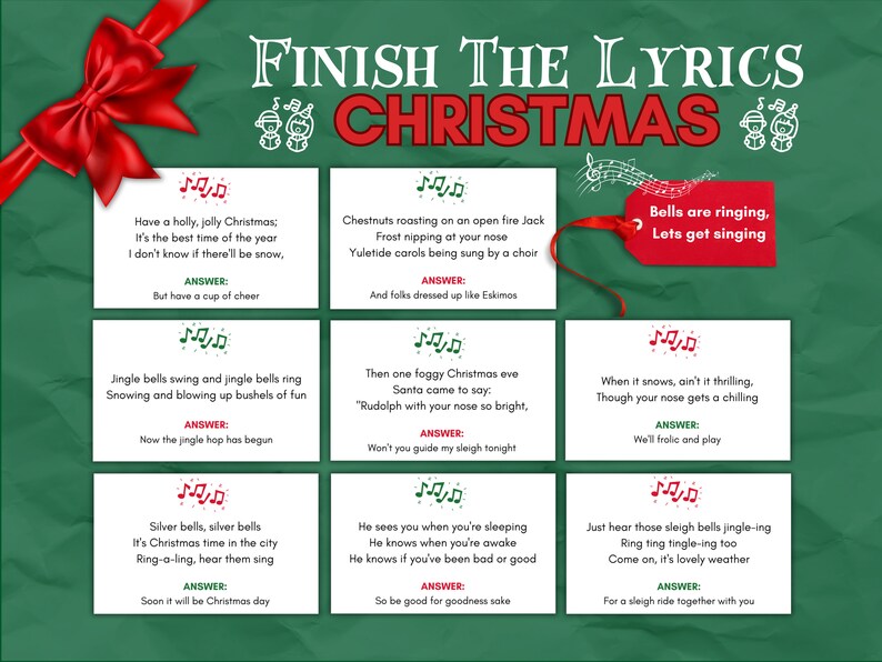Christmas Carol Lyric Game: Printable Holiday Party Trivia (PDF ...