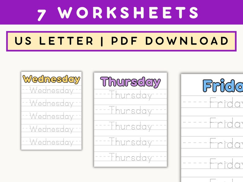 Days of the Week Tracing Worksheets: Preschool Learning (PDF) - Etsy