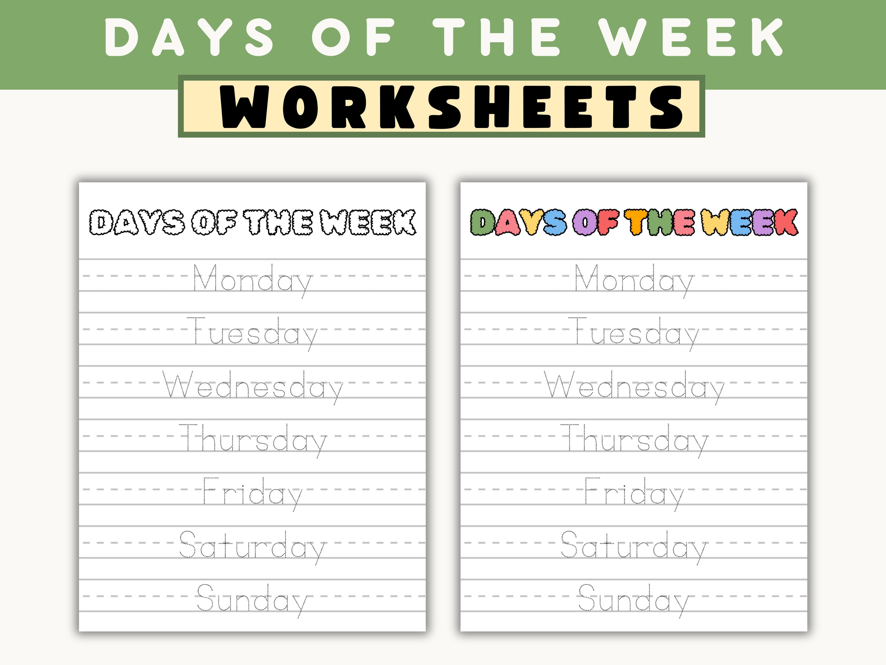 Preschool Days of the Week Worksheets, Printable Tracing Sheets, Days ...