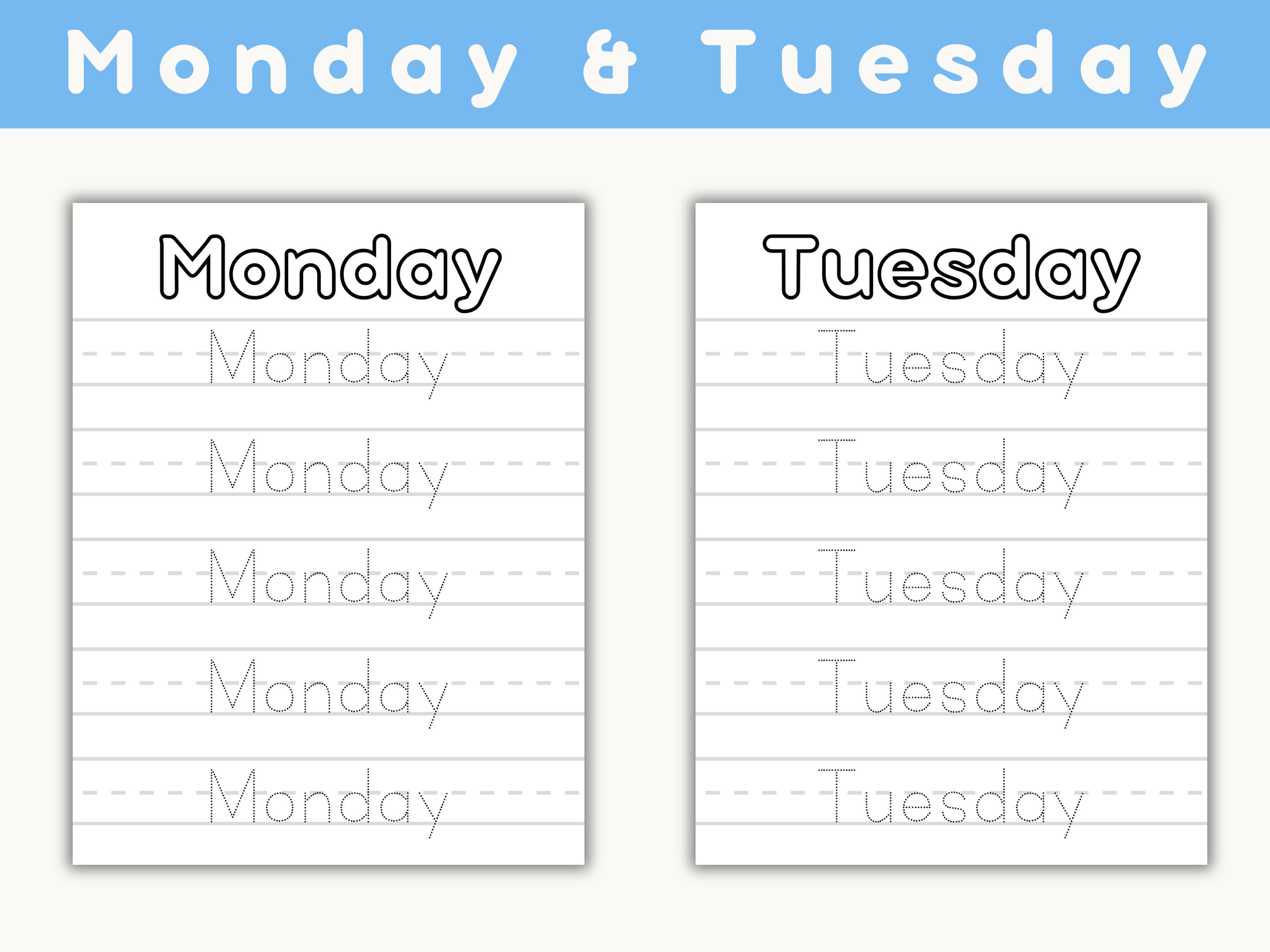 Days of the Week Tracing, Printable Kindergarten Worksheets, Monday ...