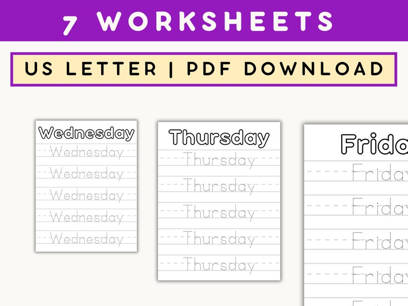 Days of the Week Tracing Worksheet: Kindergarten Activities (PDF) - Etsy