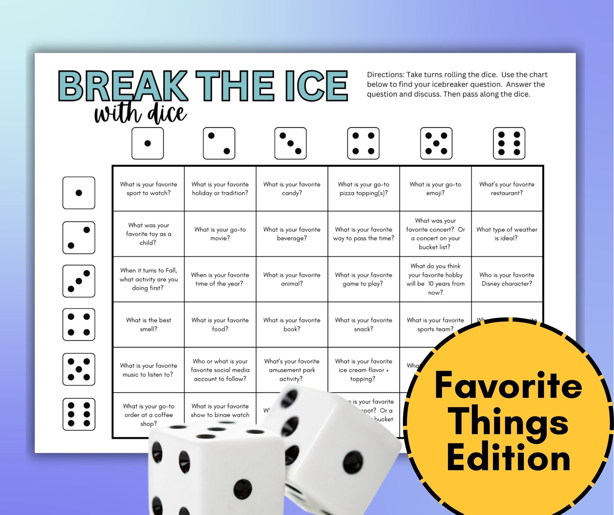 Dicebreaker, Table Talk Dice Game, Conversation Starter, Simple ...