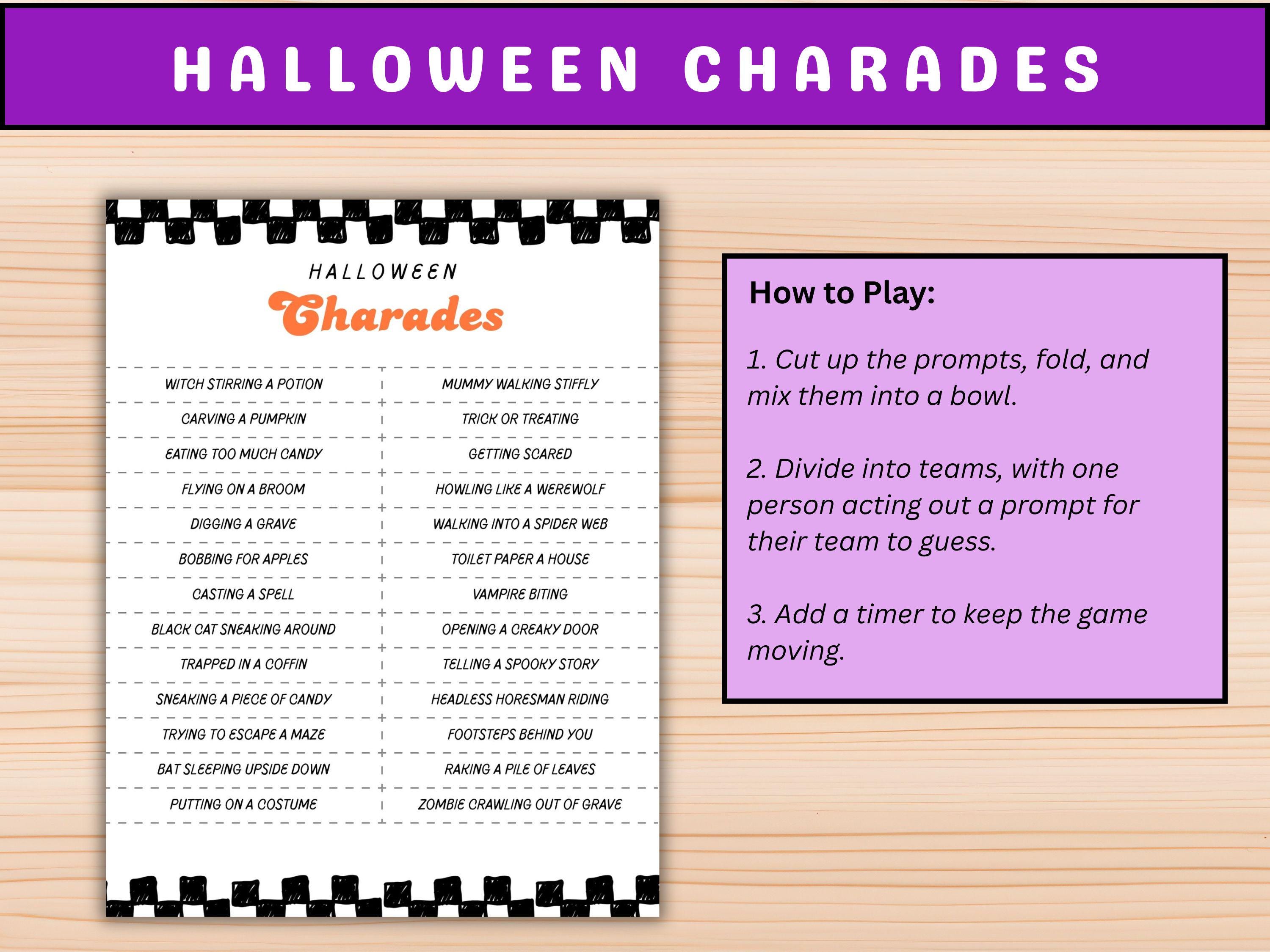 Printable Halloween Charades Game | Fun Halloween Party Game for Kids ...