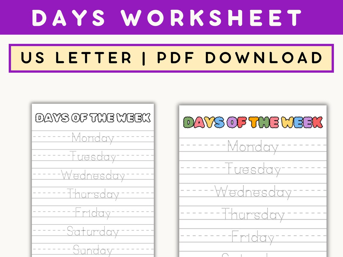Preschool Days of the Week Worksheets, Printable Tracing Sheets, Days ...
