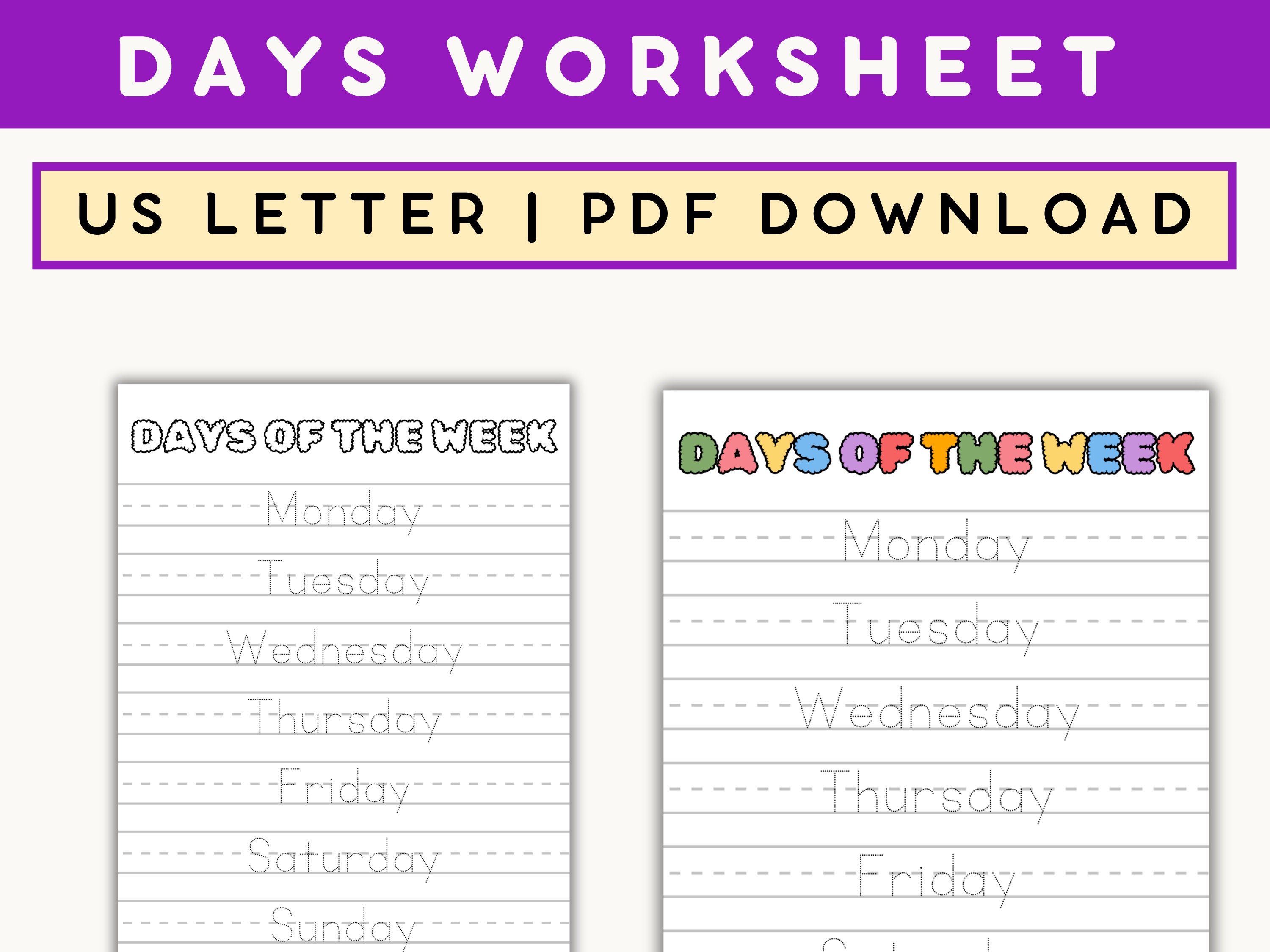 Preschool Days of the Week Worksheets, Printable Tracing Sheets, Days ...