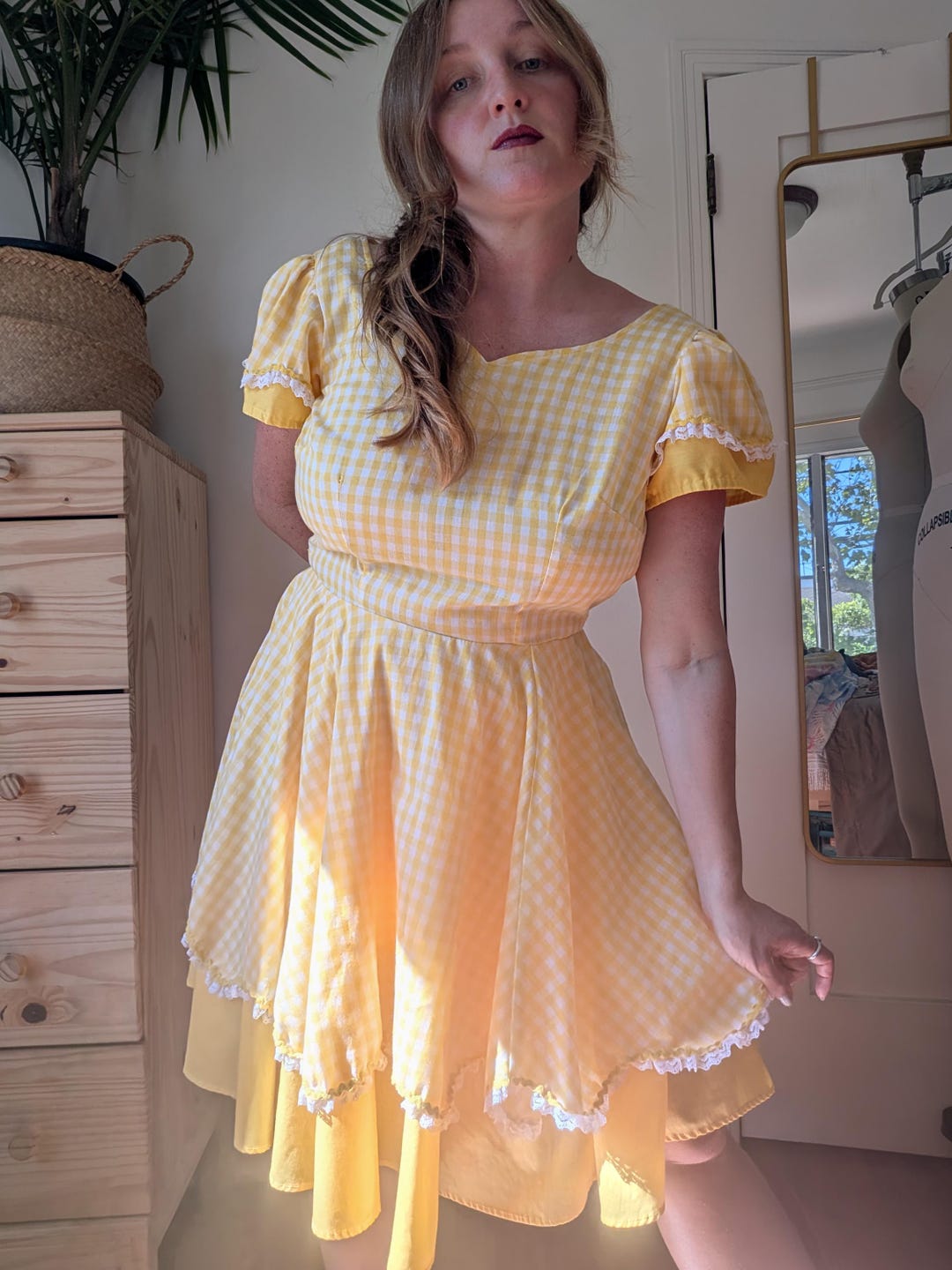 Vintage 60s/70s Yellow Gingham Square/line Dance Dress | Medium 28W ...