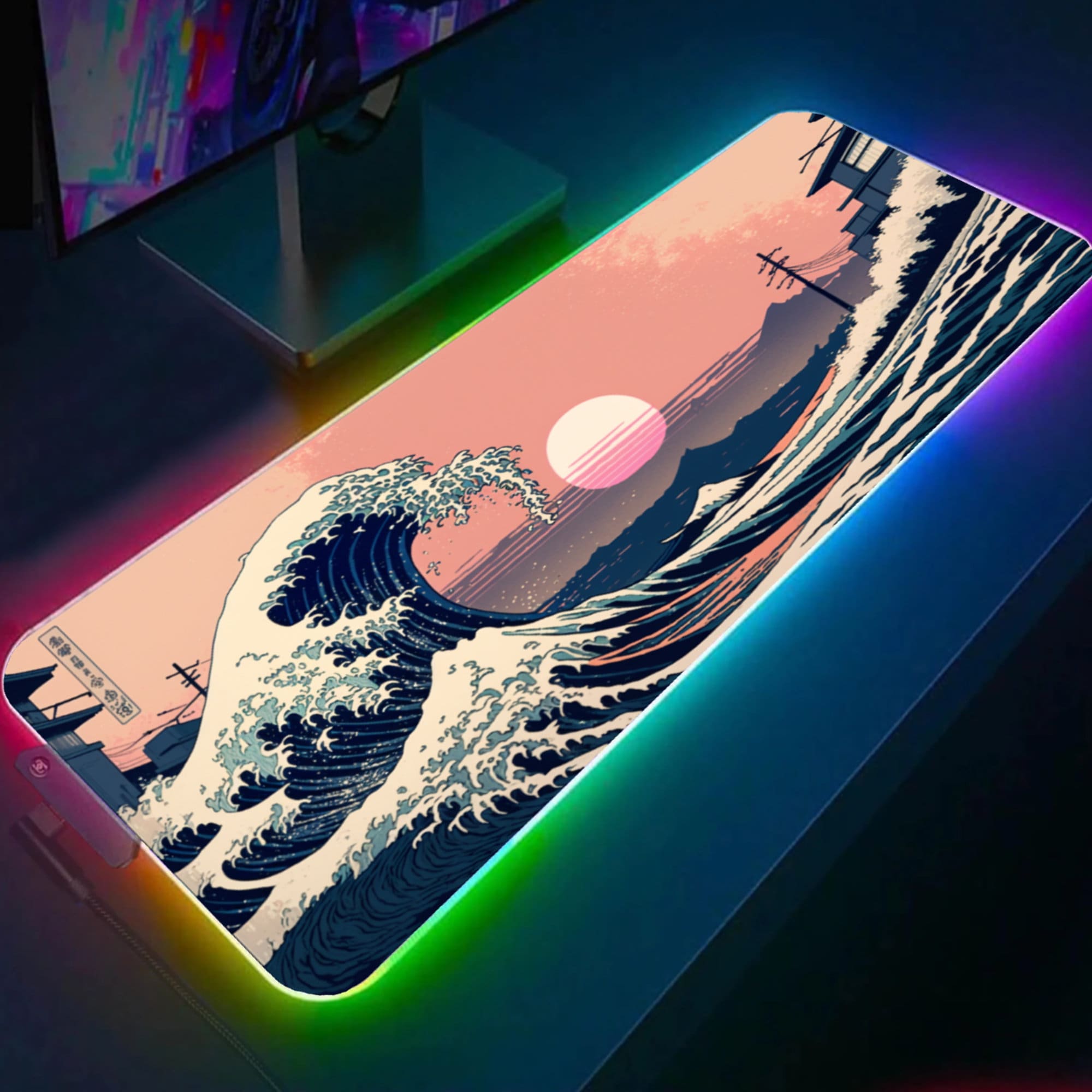 The Great Wave off Kanagawa Modern RGB XXL Mousepad, Retro Cyber Punk ...