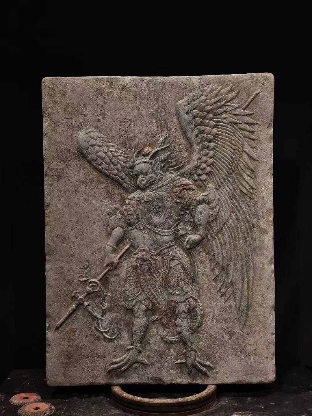 Chinese Blue Stone Carving Plate: Suparna 金翅大鹏 Golden Winged Roc Bird ...
