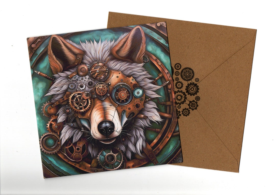 Steampunk Wolf Art Portrait Card 15x15 With Envelope - Etsy