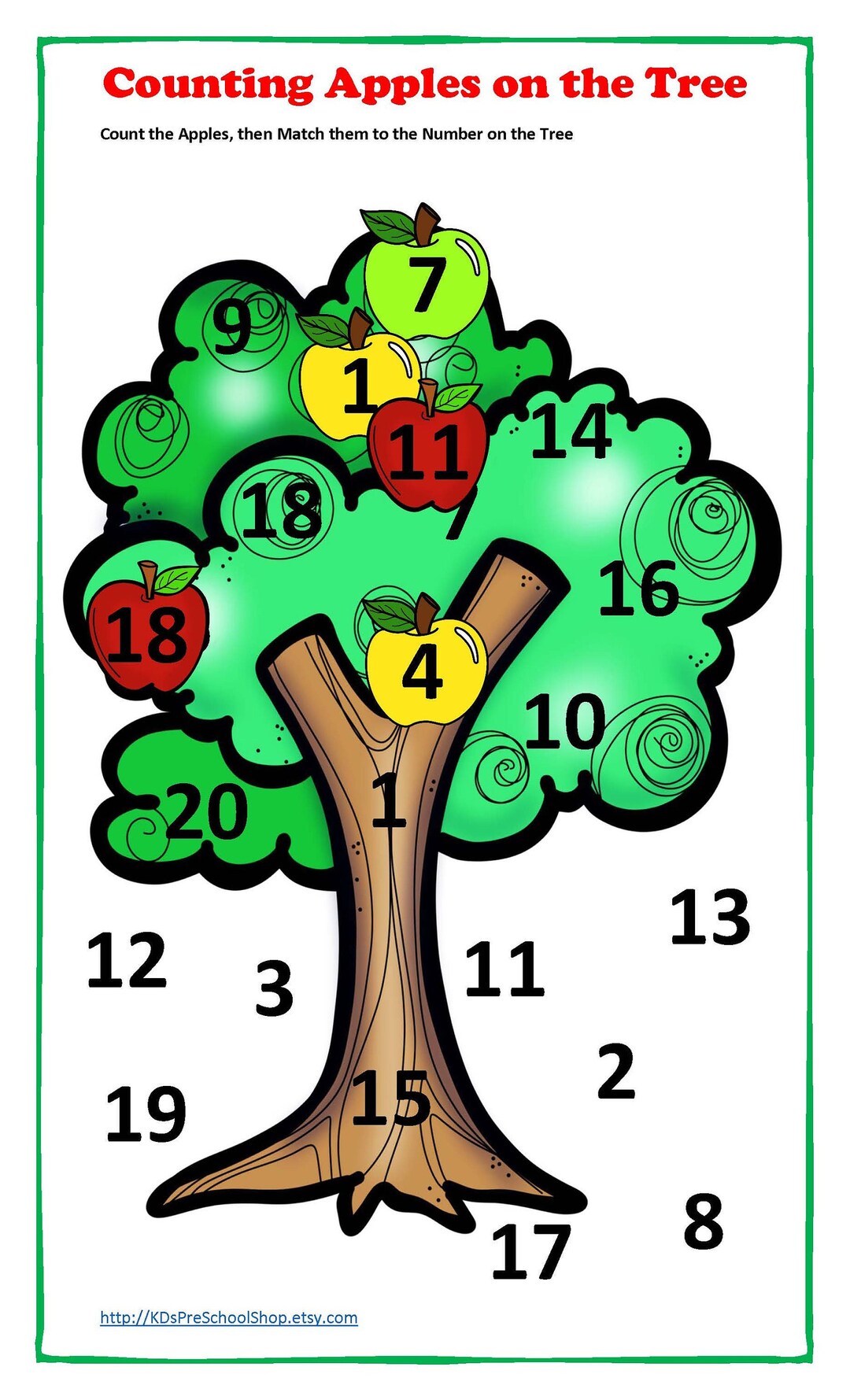 Count the Apples on the Tree 1-20 Match-up Preschool / - Etsy