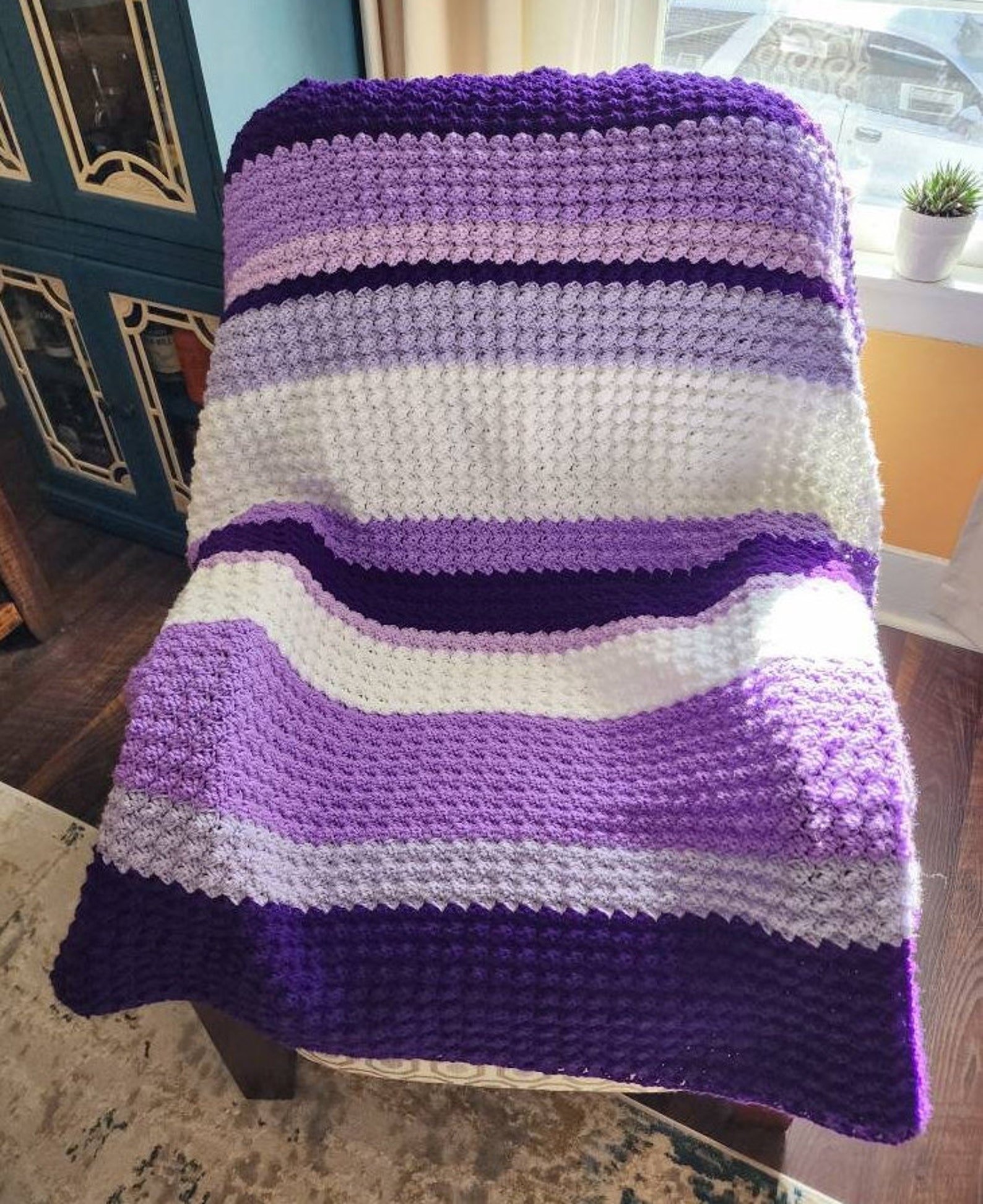 Purple and White Block Striped Blanket Warm and Cozy Handmade Crochet ...