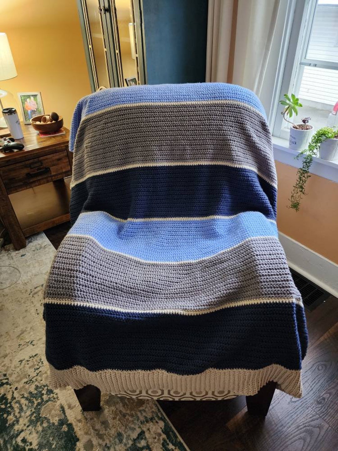 Blue and Gray Modern Block Stripe Crochet Blanket; Afghan, Lap Blanket ...