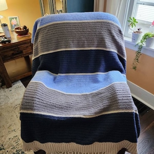 Blue and Gray Modern Block Stripe Crochet Blanket; Afghan, Lap Blanket ...