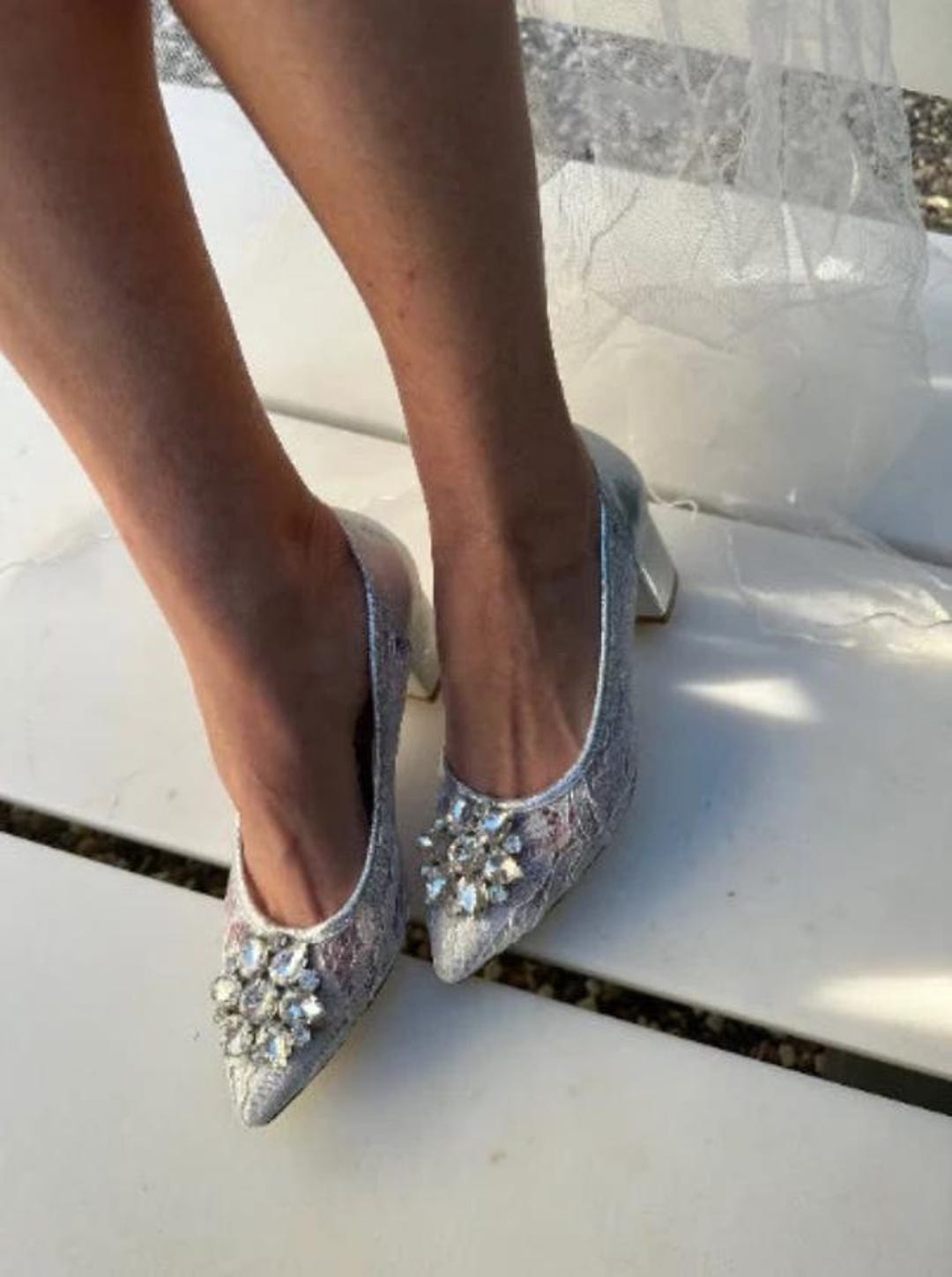 Rhinestone Silver Lace Wedding Shoes.. Wedding Pumps .. Wedding Block ...
