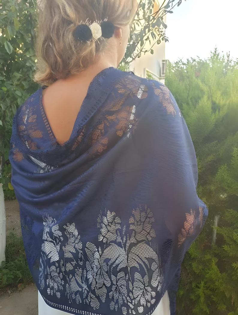 Navy Blue Lace Wedding Shawl: Tulle Bridal Wrap - Etsy