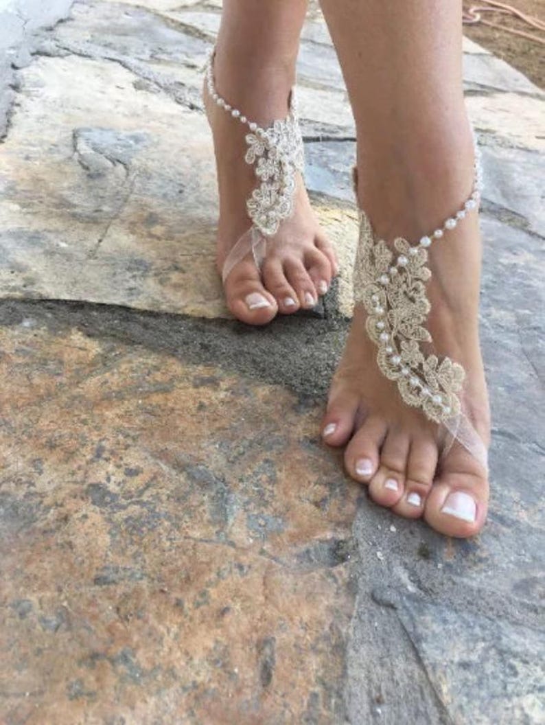 Cream Lace Wedding Barefoot Sandals: Beaded Beach Anklets - Etsy