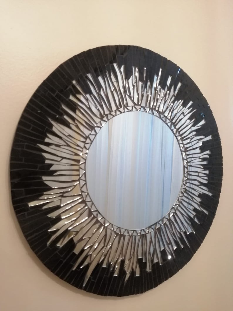 Black Silver Round Mosaic Mirror Handmade Wallart - Etsy