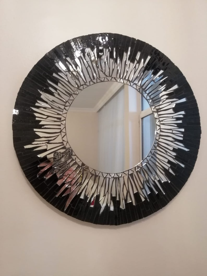 Black Silver Round Mosaic Mirror Handmade Wallart - Etsy