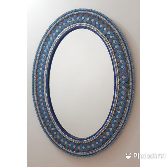 Oval Handmade Mirror ellipse Blue Mosaic Mirrorlarge Wall - Etsy