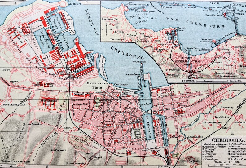 1908 Map of Cherbourg, France Original Antique Print - Lithograph ...
