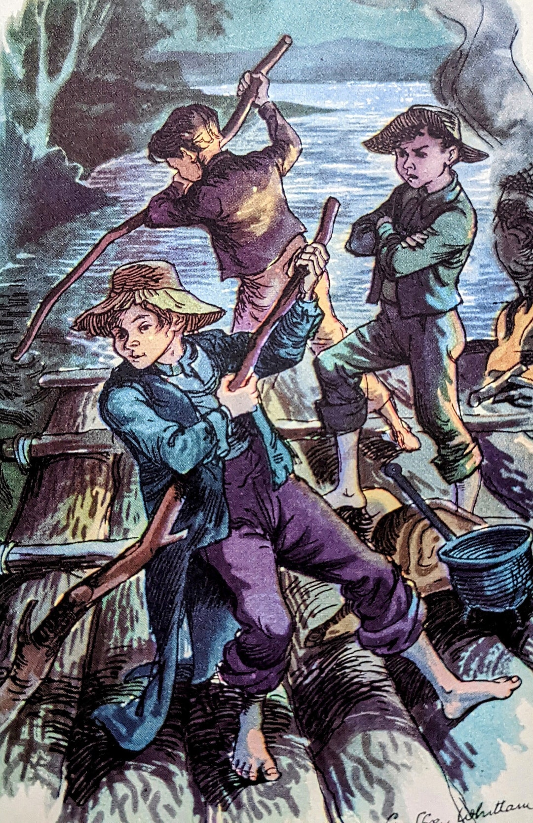 1955 Tom Sawyer, Tom, Joe et Huck on the Raft Original vintage Print ...