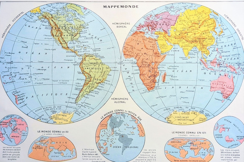1948 World Map Original French Vintage Print - Atlas - Cartography ...