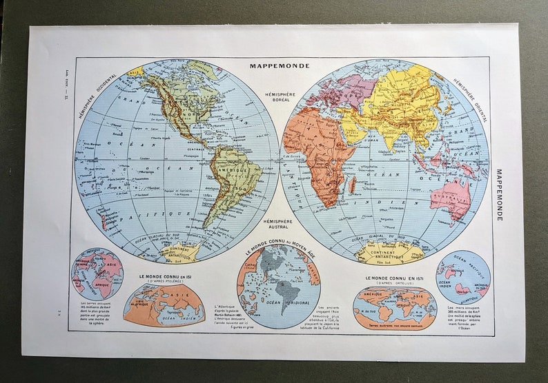 1948 World Map Original French Vintage Print - Atlas - Cartography ...