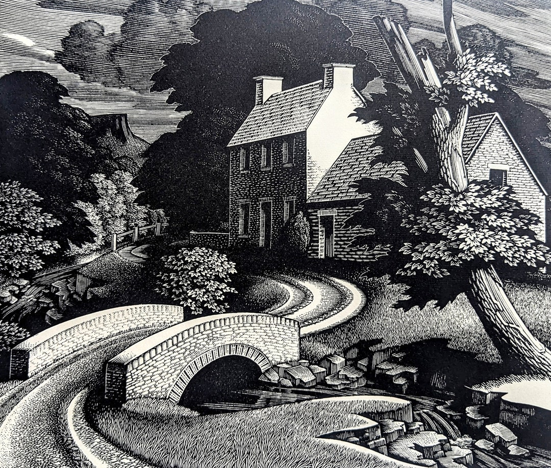 1952 George Mackley Wood Engraving "the Deserted Farm " Print Size 6 X ...