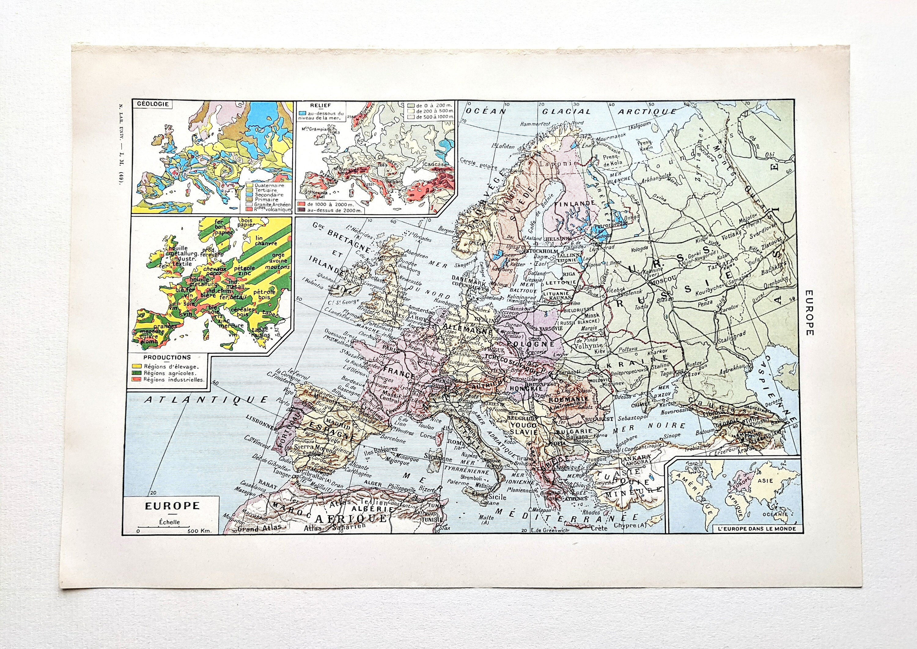1948 A Map of Europe Mounted and Matted agriculture Industrial Areas ...