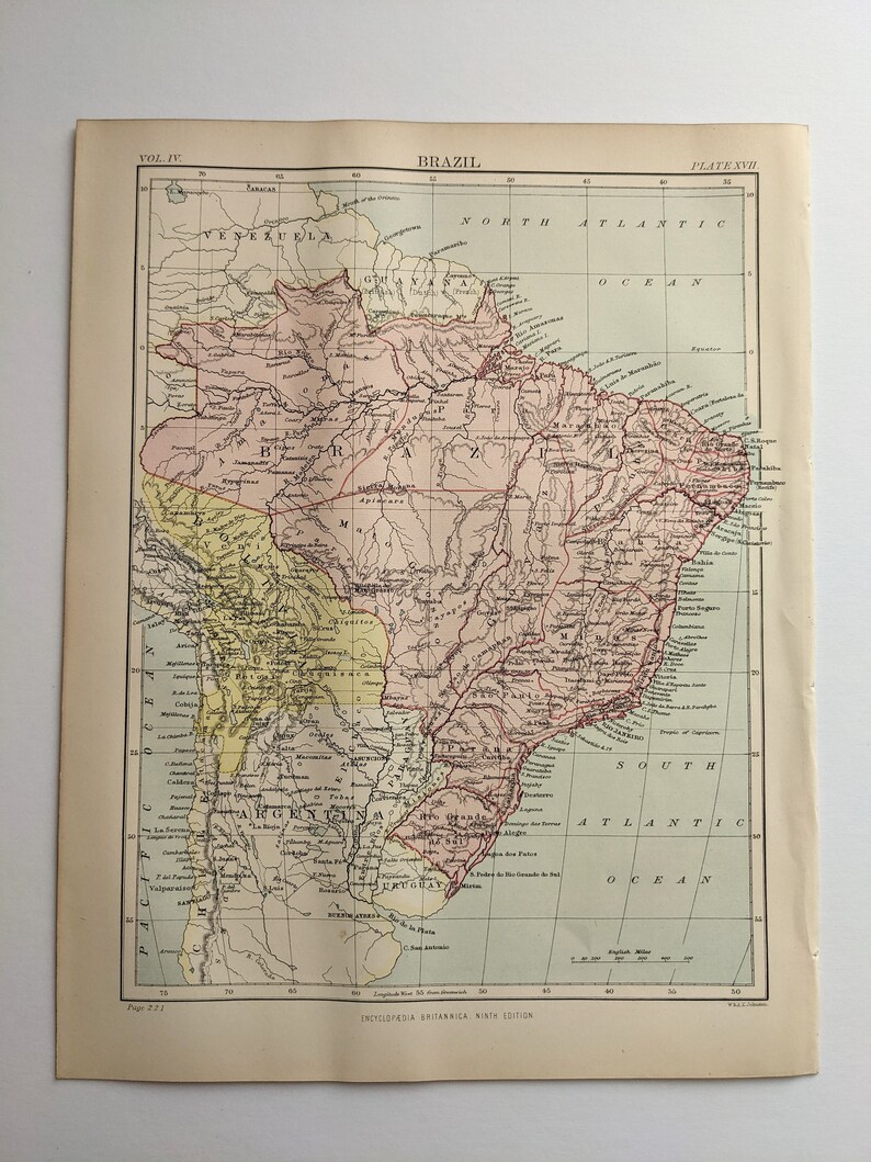 1898 Map of Brazil Original Antique Print - Vintage - Maps - South ...