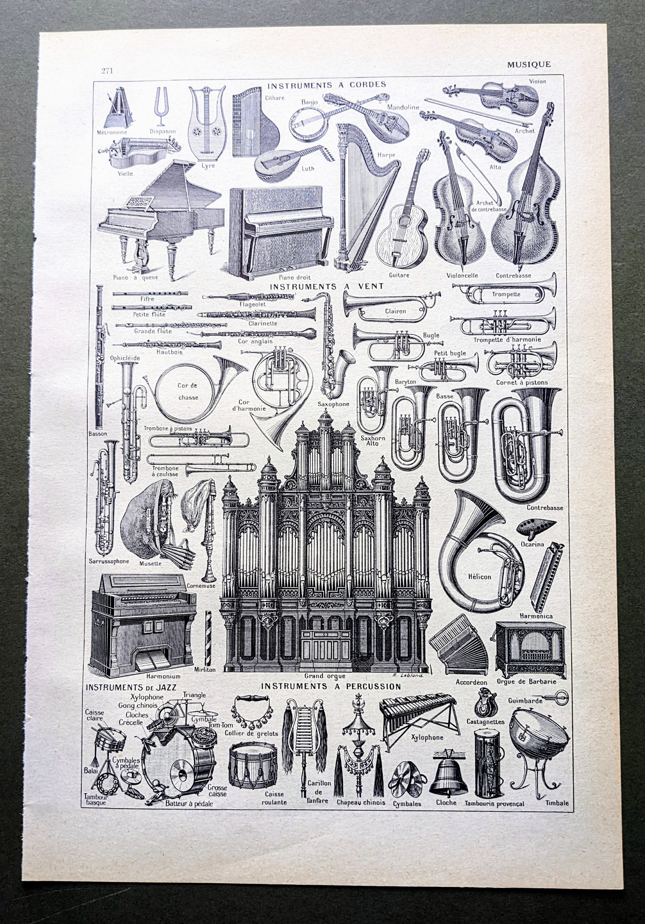 1948 Musical Instruments Original Vintage French Print - Percussion ...