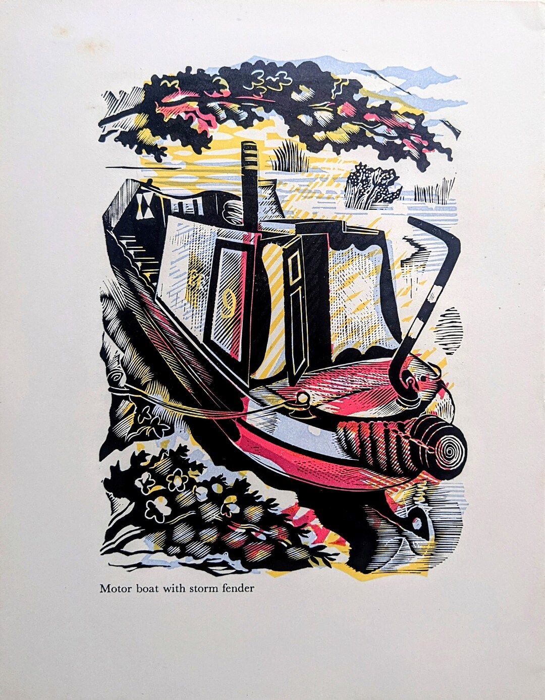 1950 John O' Connor Wood Engraving Linocut Printed From Original Blocks "motor Boat With Storm ...
