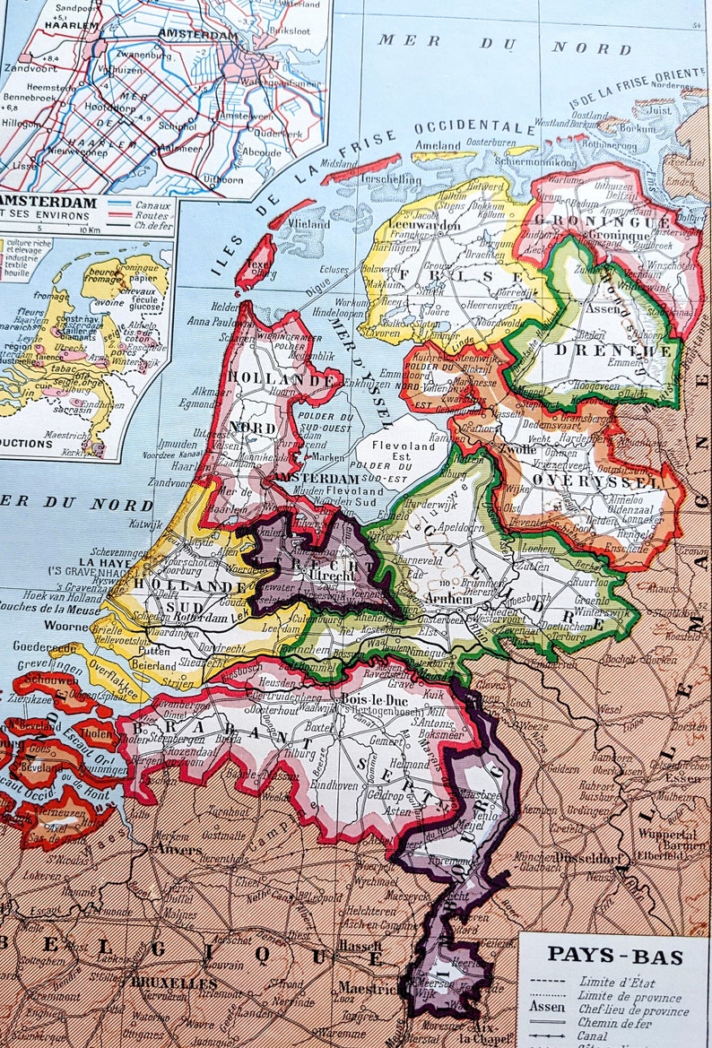 1948 Map of Netherlands Original Vintage Print - Holland - Belgium ...