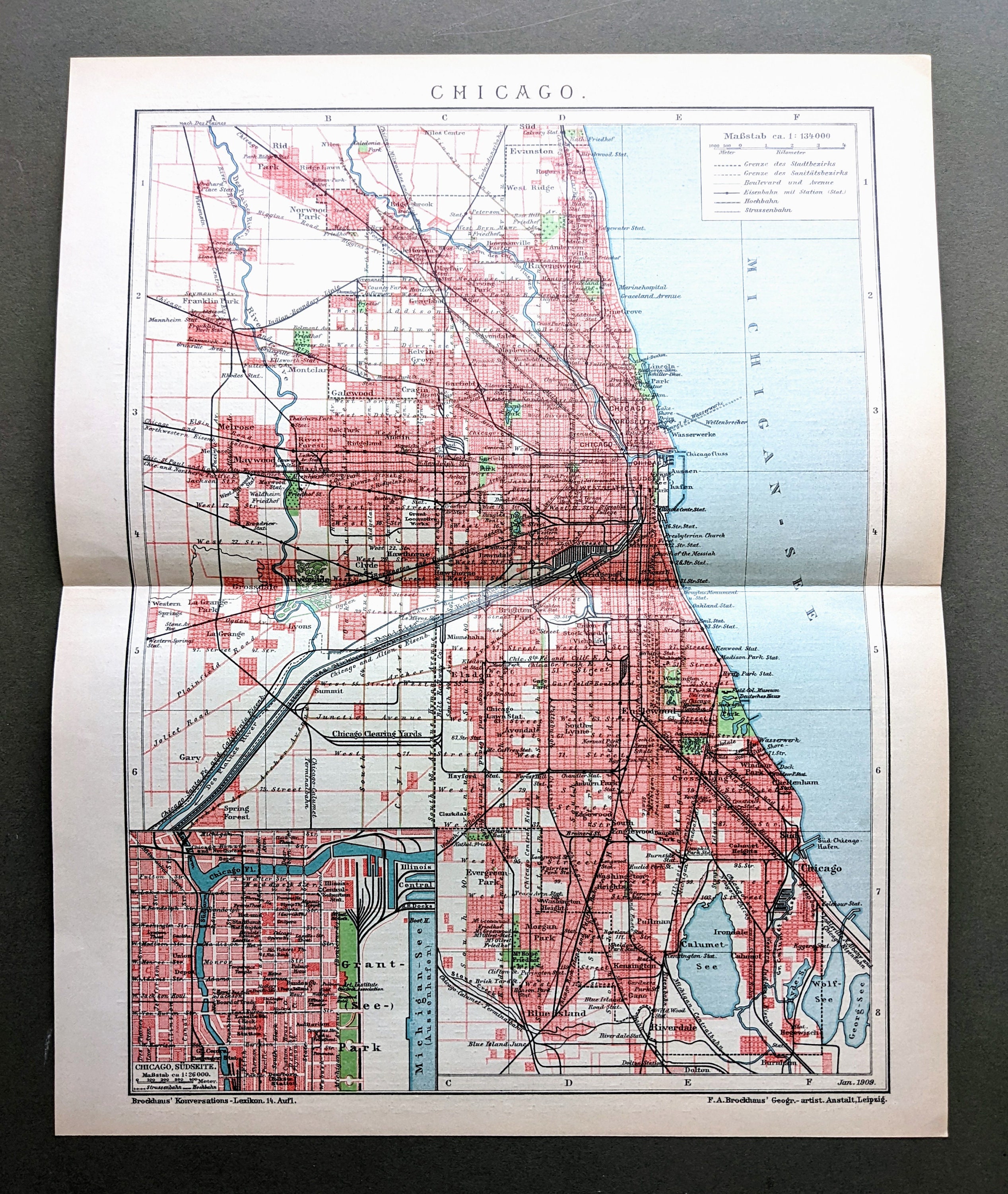 1908 A Map of Chicago, Illinois Original Antique Print Lithograph ...