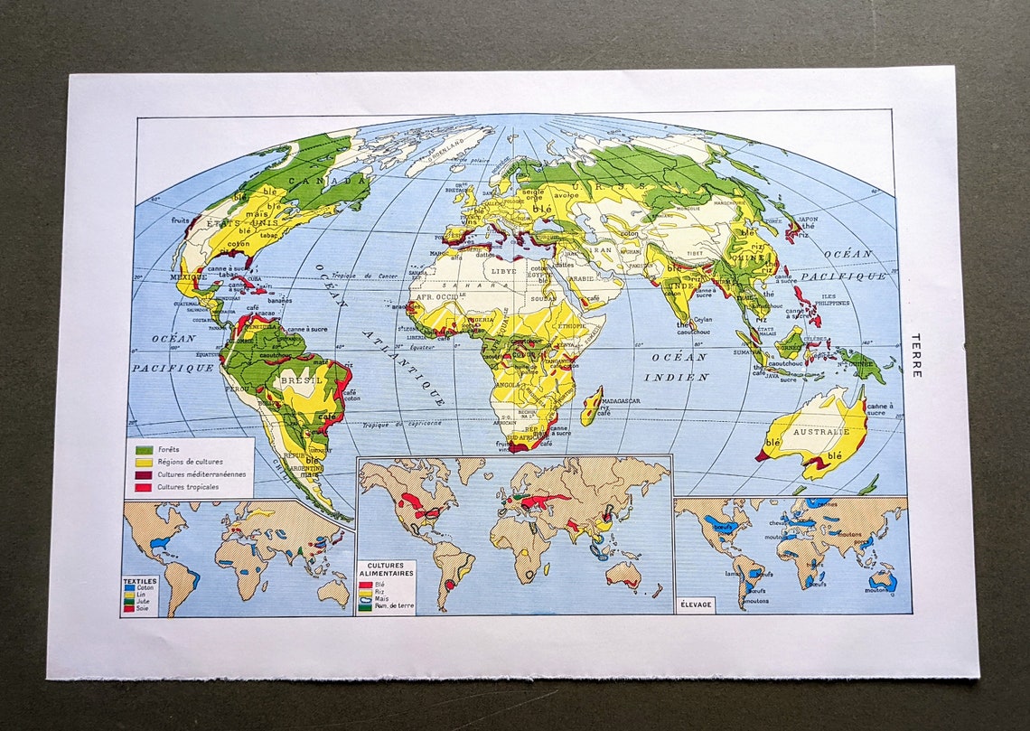 1948 Map of the World Original French Vintage Print Atlas Cartography ...