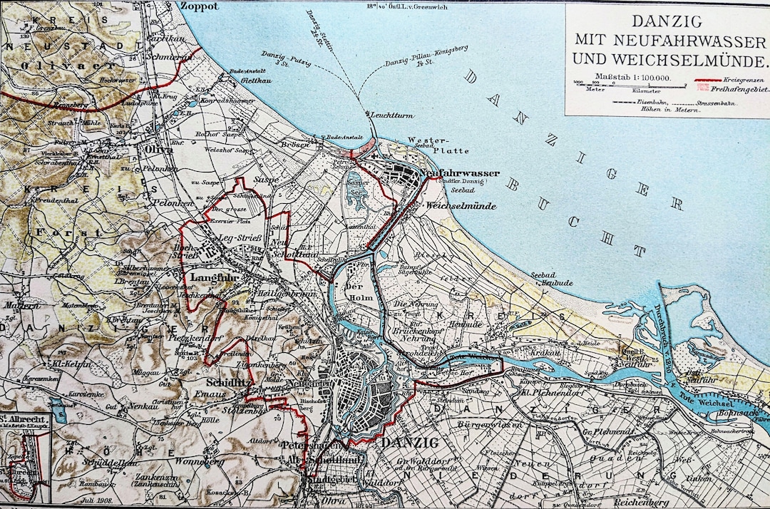 1908 Danzig City Map Original Antique Print - Poland - Lithograph ...