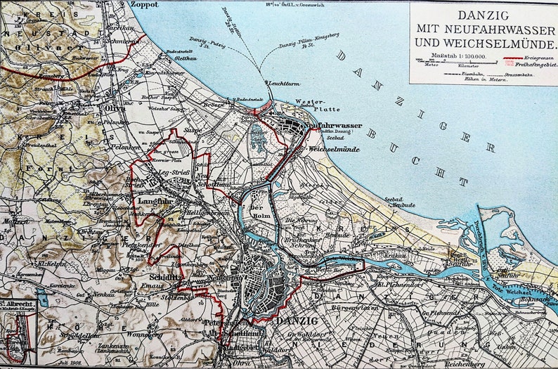 1908 Danzig City Map Original Antique Print Poland Lithograph ...