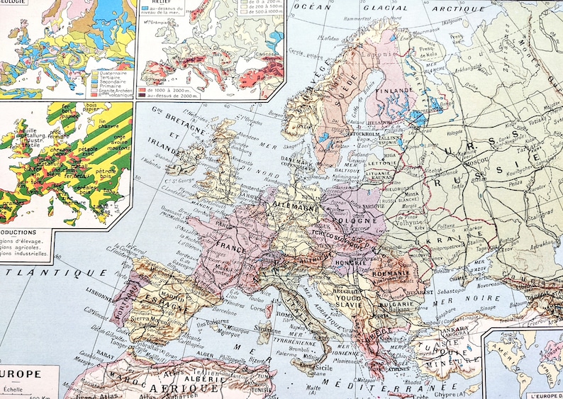 1948 A Map of Europe Mounted and Matted agriculture Industrial Areas ...