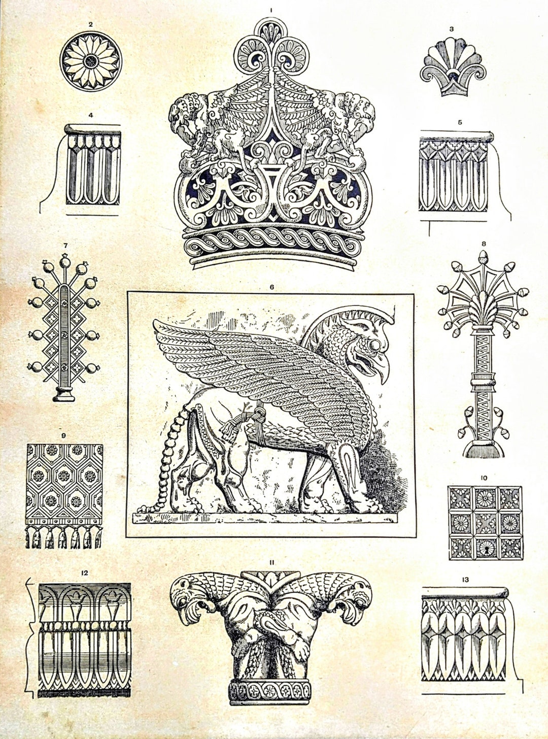 1881 John Leighton Suggestion in Design - A Fine Antique Tinted Plate - Assyrian Design - Eagle ...