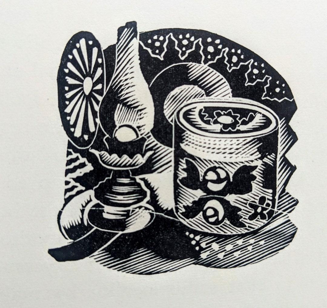 1950 John O' Connor Wood Engraving & Linocut Printed From the Original Blocks" Oil Lamp and Tin ...