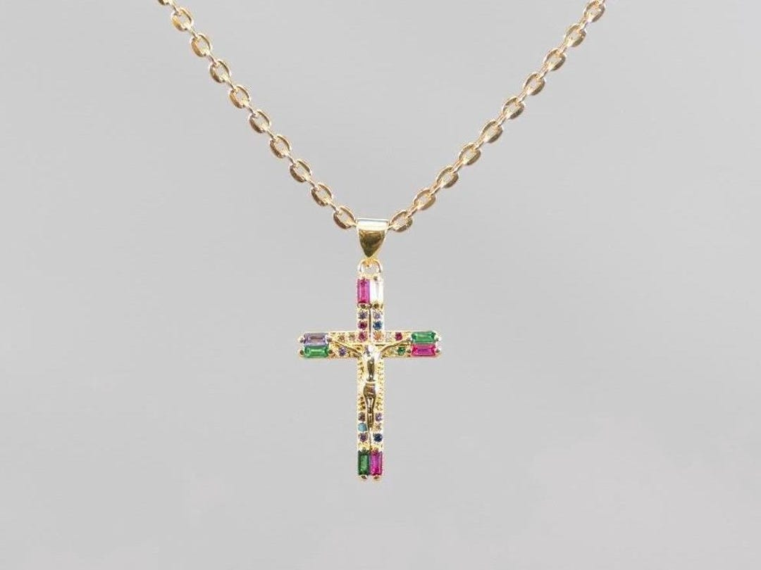 Gold Plated Colorful Cross Necklace, Rainhow Cross Necklace, Multi ...