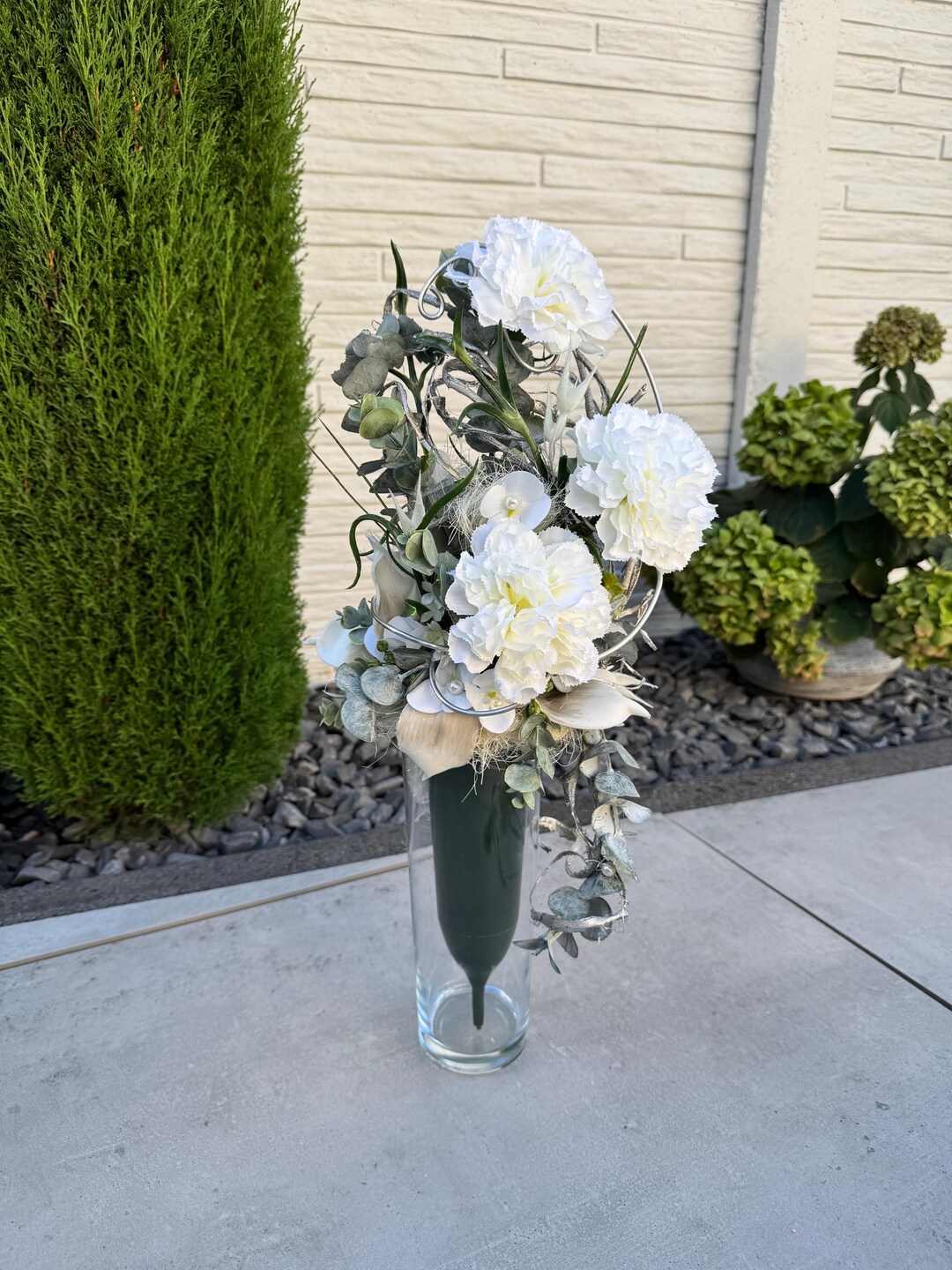 Grave Arrangement in a Vase With White Carnations. Grave Decoration for ...