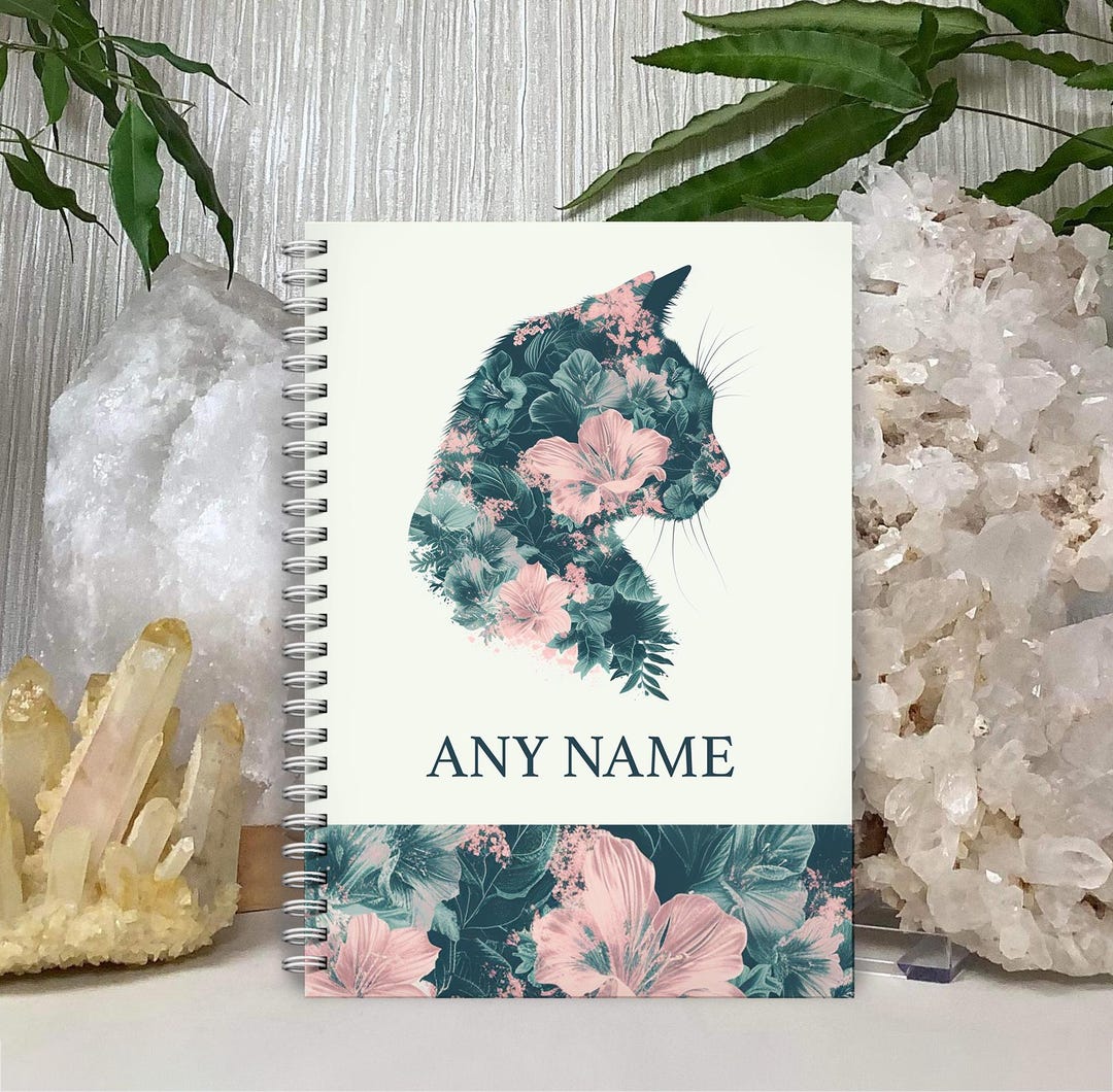 Personalized Floral Cat Notebook: A5 Wirebound Botanical Softback ...