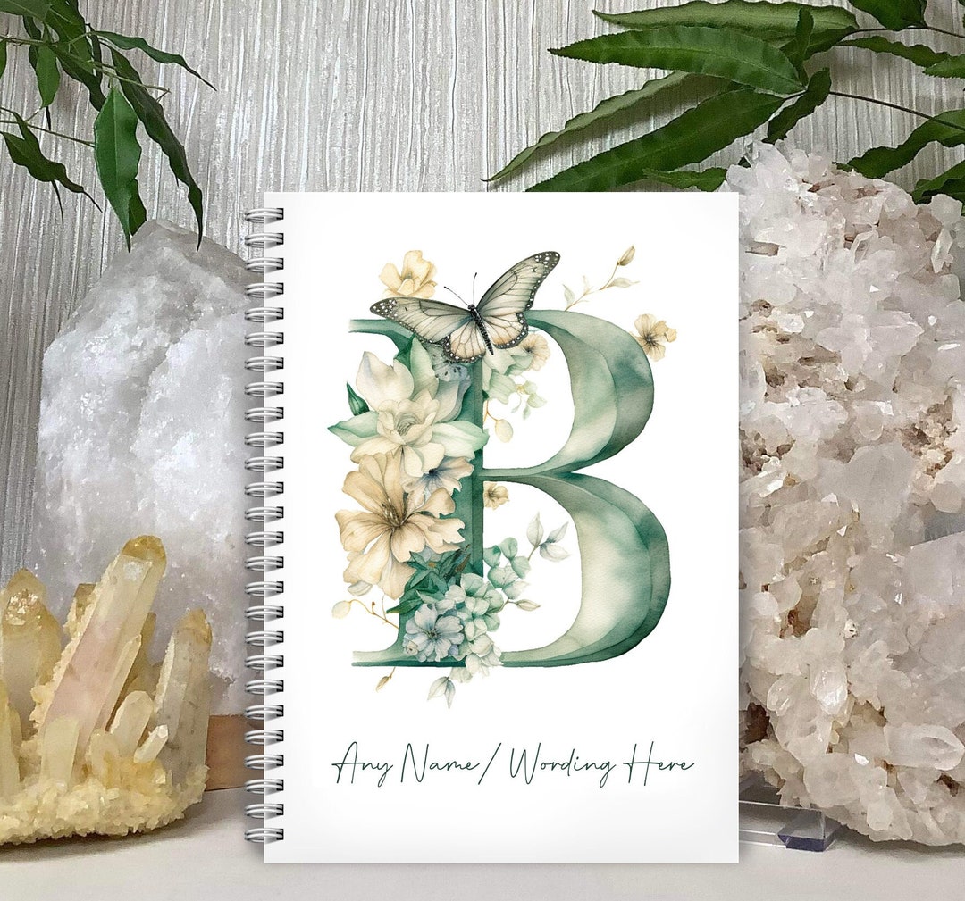 Personalized Floral Green Butterfly Initial Notebook - A5 Wirebound ...