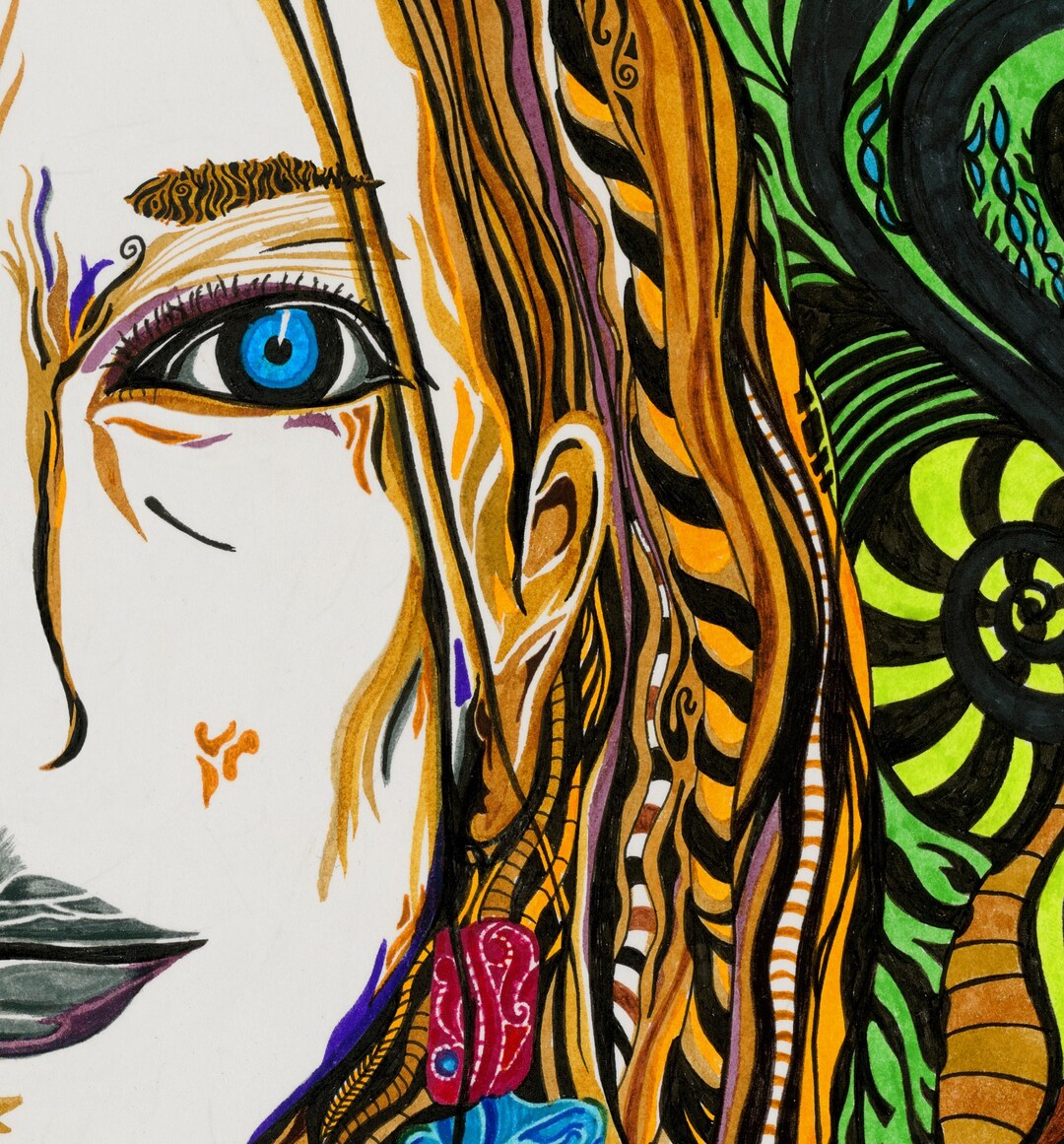Woman in Forest Wall Art, Modern Amazon Portrait, Illustration of a ...