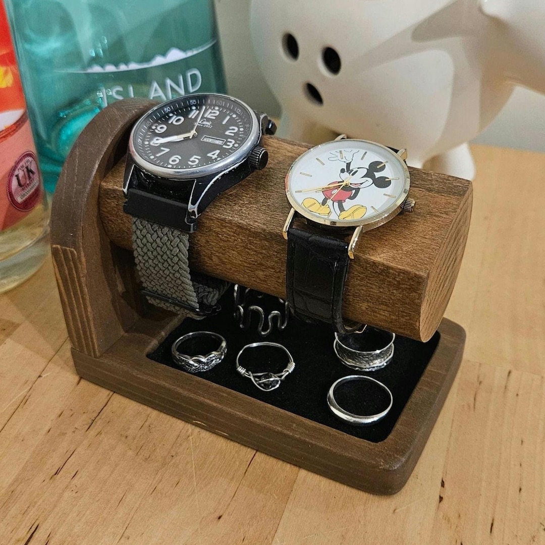 Double Watch Stand With Ring Tray / Wooden Watch Stand / Rustic Watch ...