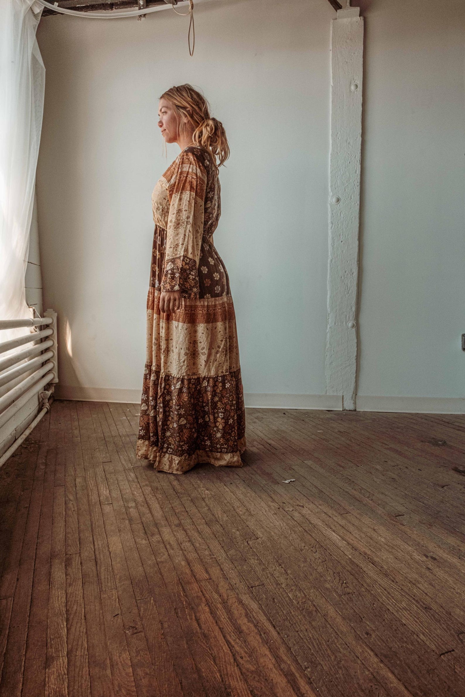 Desert Solstice Hippie Boho Maxi Dress, Earthy Print Bell Sleeve Earth ...