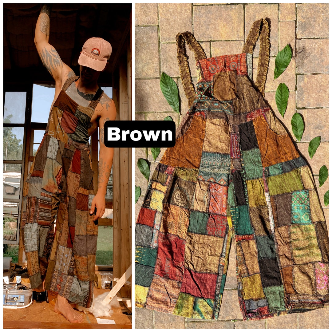 Hippie Patchwork Wide Leg Cotton Overalls Unisex, Festival Jumper ...
