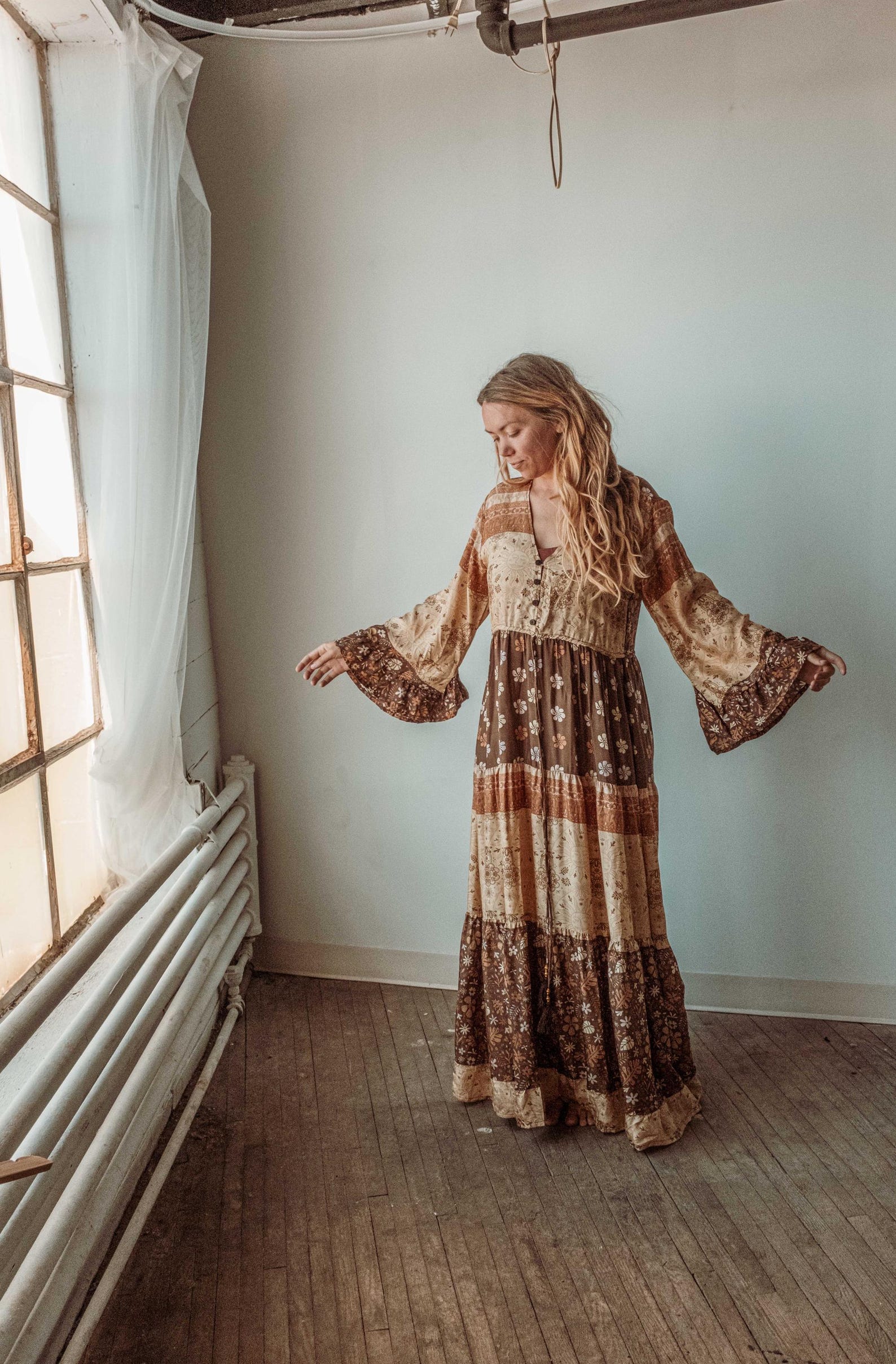 Desert Solstice Hippie Boho Maxi Dress, Earthy Print Bell Sleeve Tiered ...