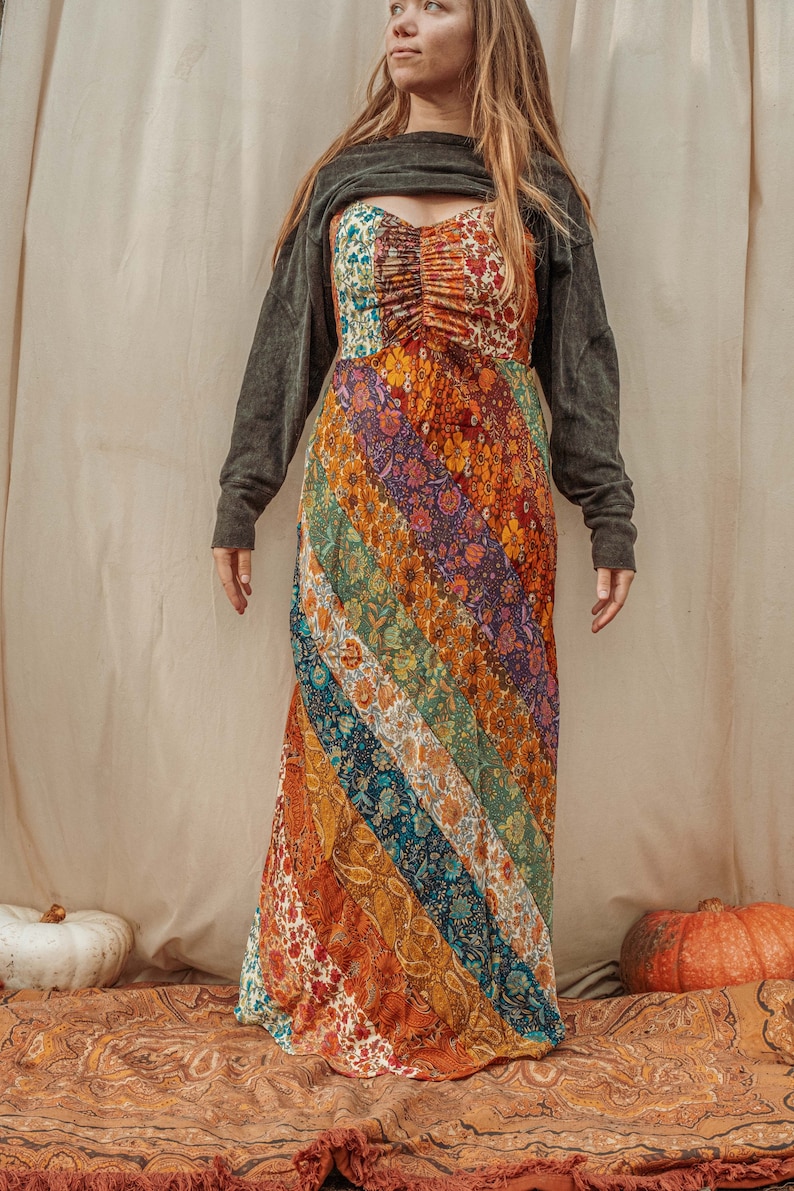 Bohemian Patchwork Rainbow Silk Dress, Gorgeous Hippie Boho Maxi Dress ...